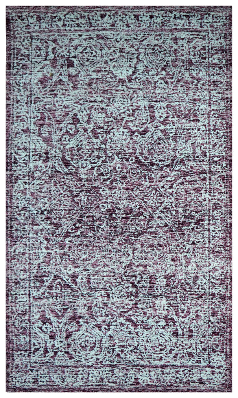 Hand Tufted Purple Grey Rug - Vintage Distressed Floral Border Wool ...