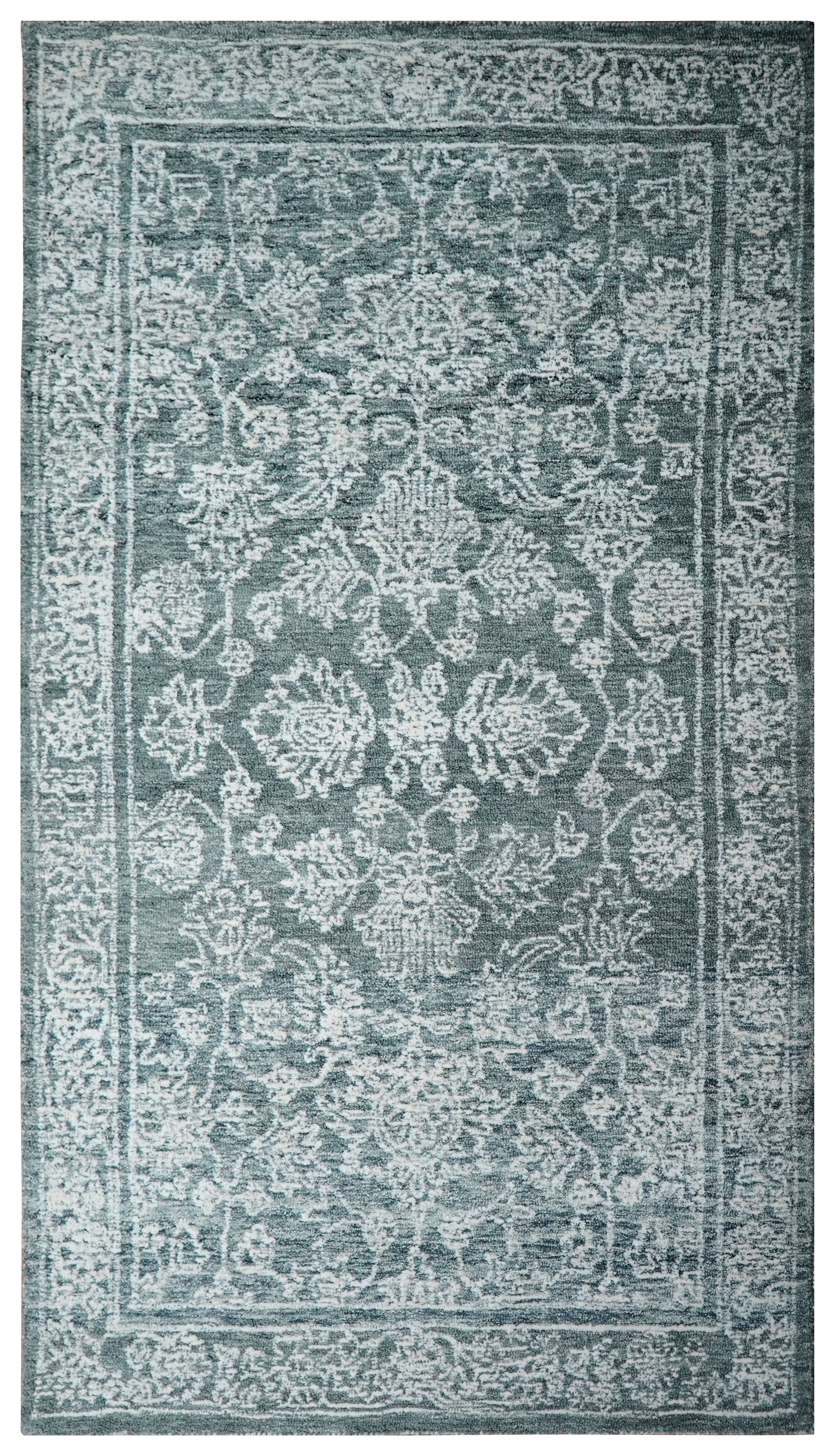 Teal Green Vintage Distressed Floral Border Hand Tufted Wool Area Rug ...